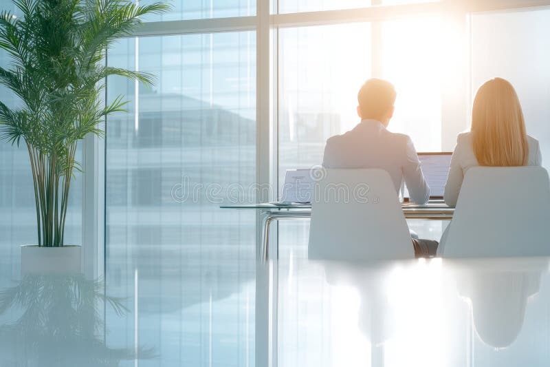 A Bright Modern Office with Two People Sitting at a Table, Working on ...