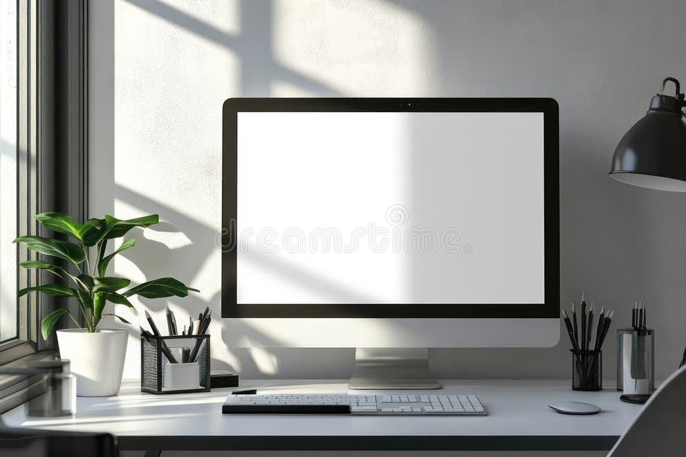 Bright Modern Office Workspace with Computer Screen Mockup Stock Photo ...