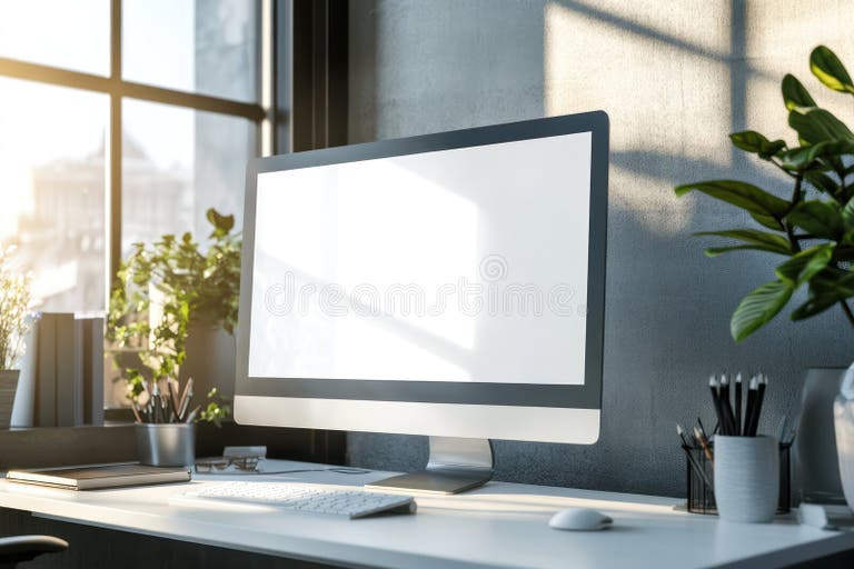 Bright Modern Office Workspace with Computer Screen Mockup Stock Photo ...