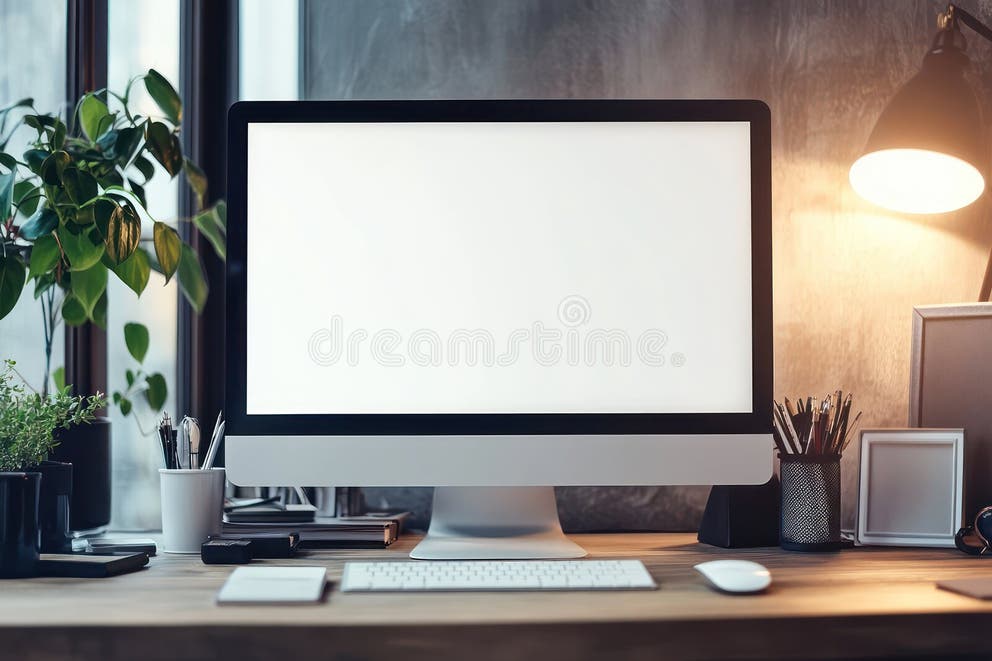 Bright Modern Office Workspace with Computer Screen Mockup Stock Photo ...