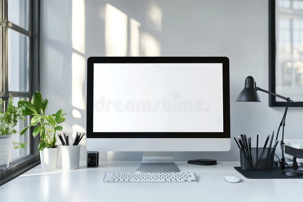 Bright Modern Office Workspace with Computer Screen Mockup Stock Photo ...