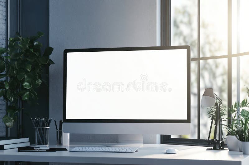 Bright Modern Office Workspace with Computer Screen Mockup Stock Image ...