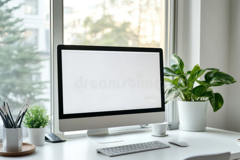 Bright Modern Office Workspace with Computer Screen Mockup Stock Photo ...