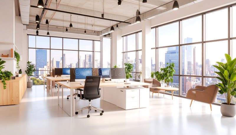 Bright, Modern Open-plan Office with Large Windows, City Skyline Views ...
