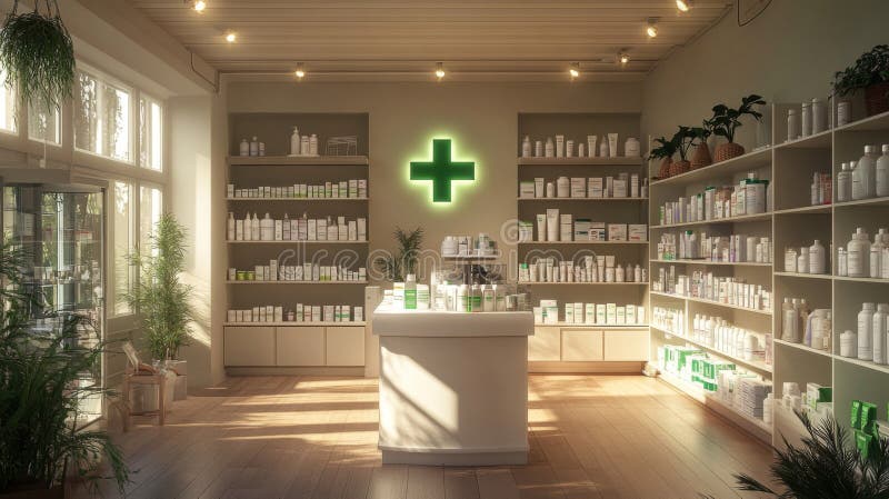 Bright Modern Pharmacy Interior with Green Cross Sign Stock ...