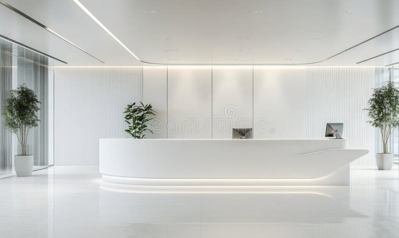 Bright Modern Reception with White Surfaces, Greenery, and Panoramic ...
