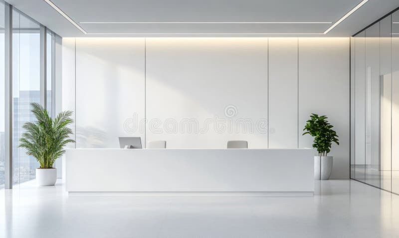 Bright Modern Reception White Surfaces Greenery Panoramic Windows ...