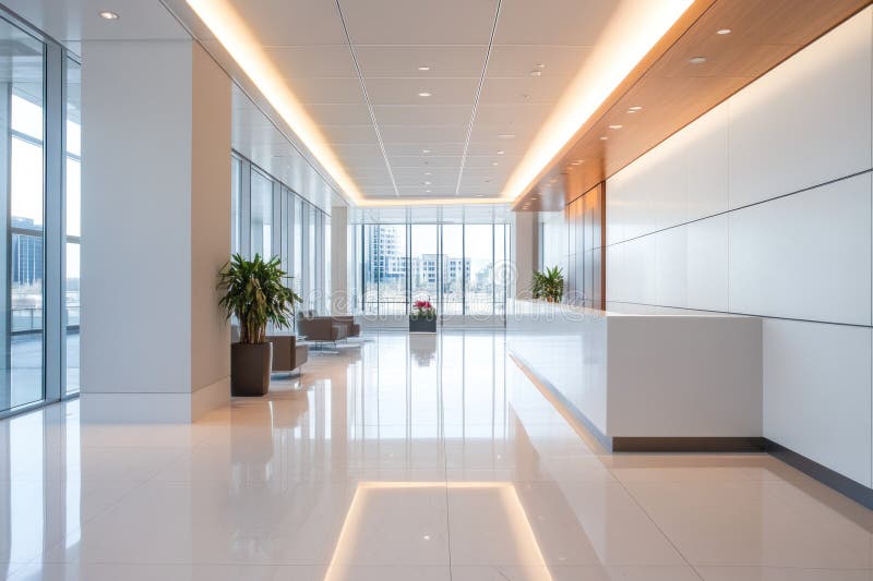 Bright Modern Reception with White Surfaces, Greenery, and Panoramic ...