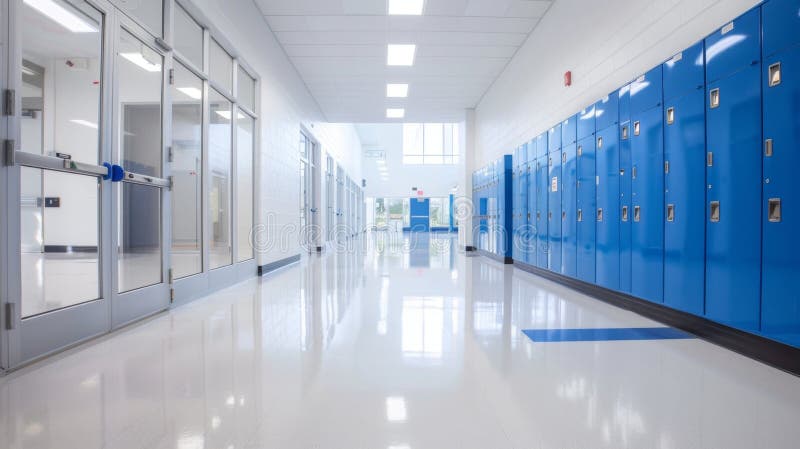 Bright Modern School Hallway with Blue Lockers - Generative AI Stock ...