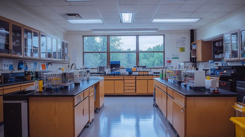 Bright Modern Science Laboratory with Wooden Cabinets Stock ...