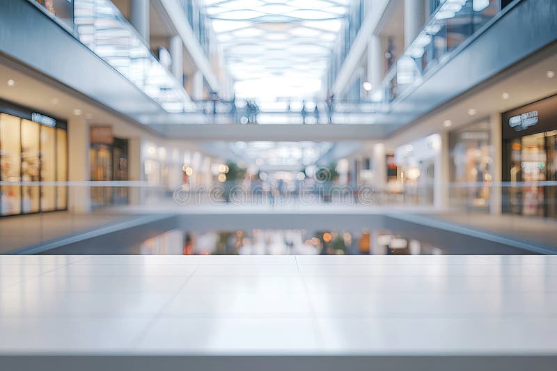 Bright Modern Shopping Mall Interior with Empty White Tile Counter in ...