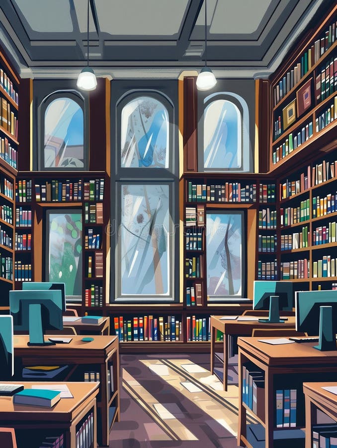 A Bright, Modern Student Library Featuring Bookshelves, Computers, and ...