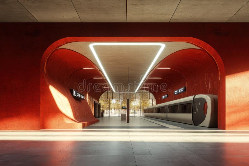 Modern Subway Station with Bright Lighting and Red Architectural ...