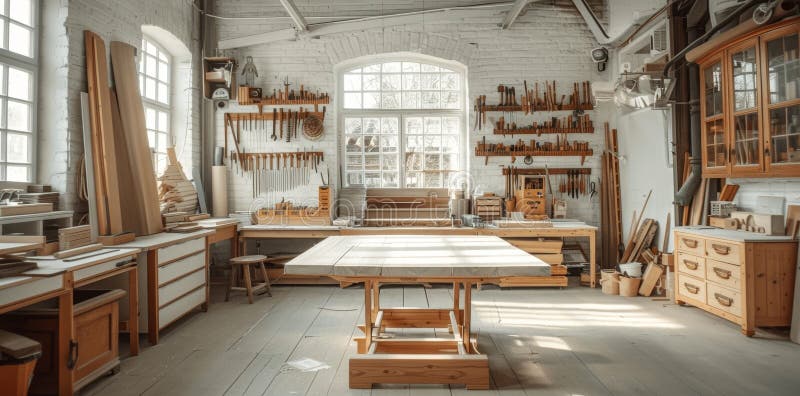 Bright Modern Woodworking Workshop Filled with Natural Light Stock ...
