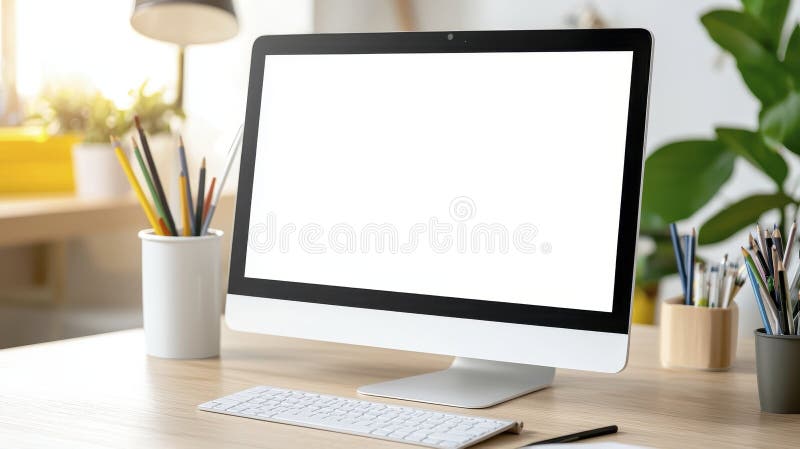 Bright Modern Workspace with Blank Computer Screen Stock Illustration ...