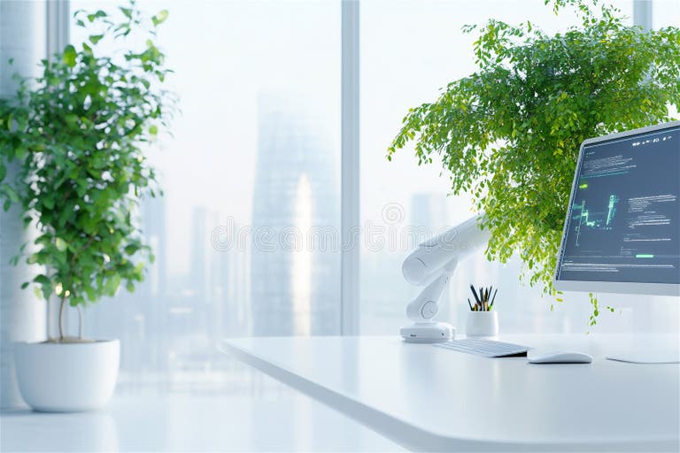 A Bright Modern Workspace with a Computer Screen Displaying Code, Lush ...