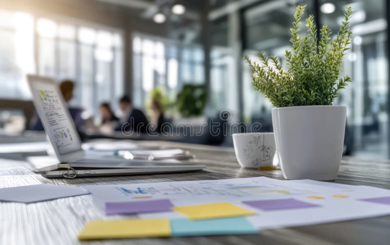 A Bright and Modern Workspace Features a Desk with Notes and Documents ...