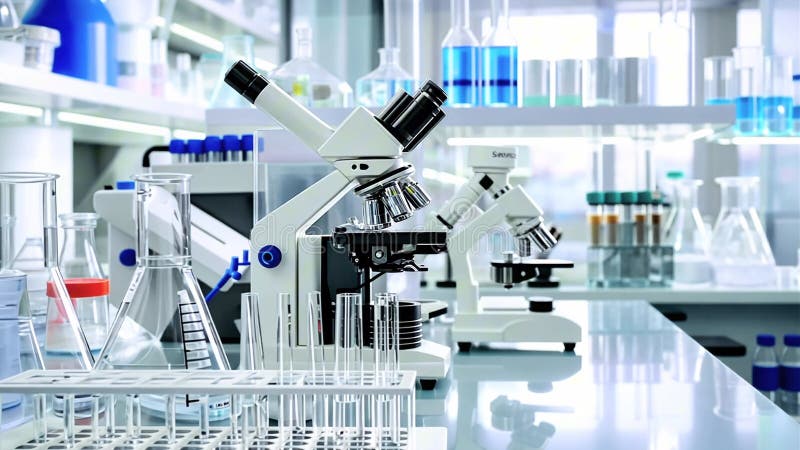 Bright, Modern Zoom in Laboratory Interior with Microscope Stock ...