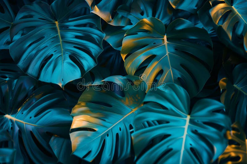 Bright Monstera Tropical Leaves Illuminated with Blue and Green Light ...
