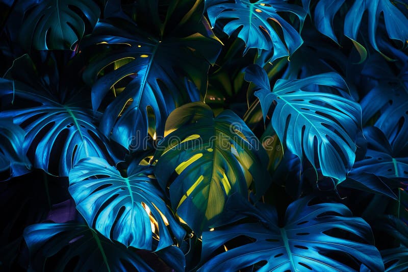 Bright Monstera Tropical Leaves Illuminated with Blue and Green Light ...