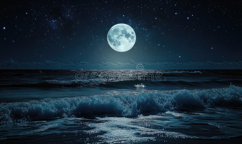 Bright Moon Casting a Long Reflection on the Ocean Stock Photo - Image ...
