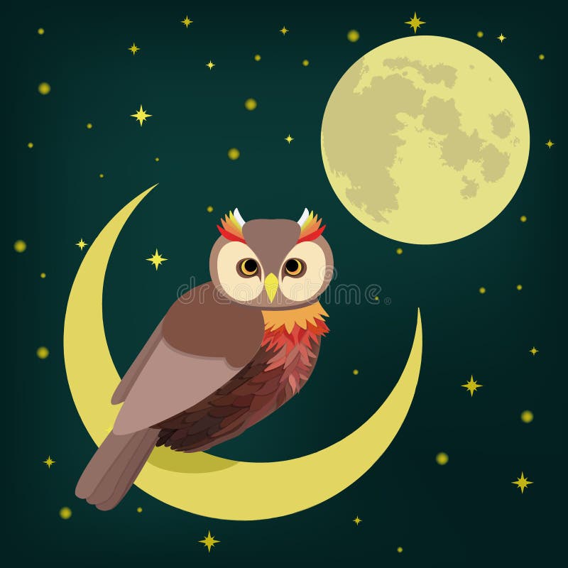 Moon Owl Illustration, Bright and Funny Vector Illustration Stock ...