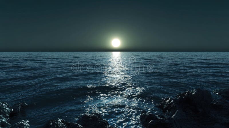 Bright Moon Shines Over Tranquil Ocean Waves Stock Illustration ...
