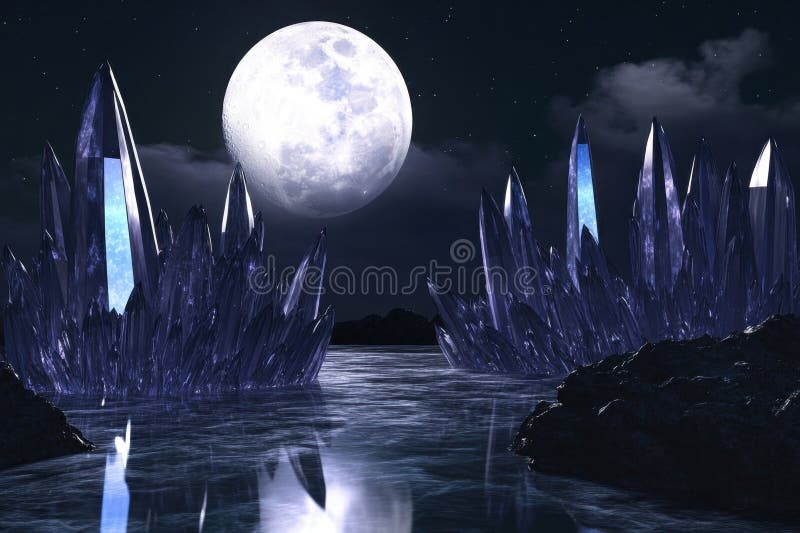 Crystalline Formations Reflect Moonlight Over a Tranquil Water Surface ...