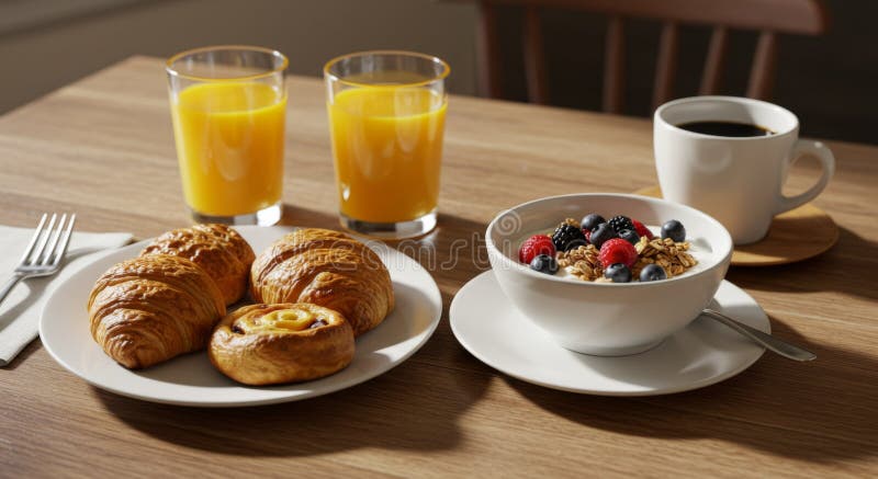 Bright Morning Breakfast with Orange Juice and Pastries Stock ...