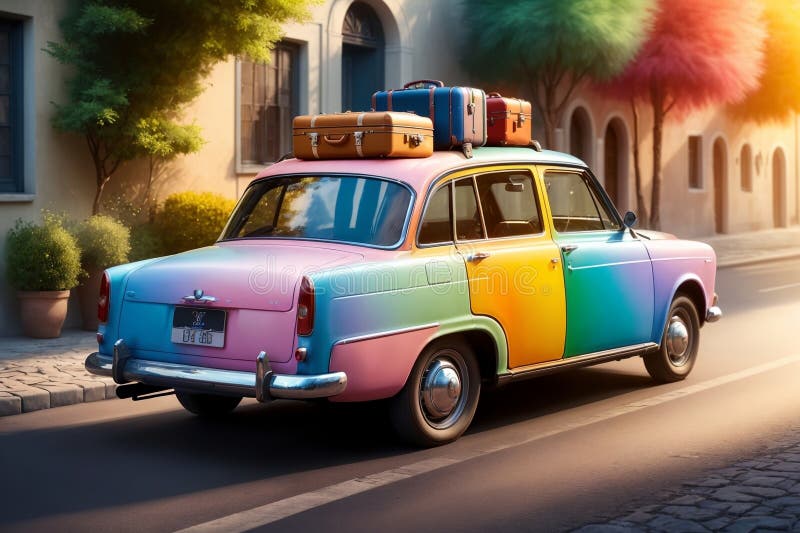 Bright Multi-colored Car with Suitcases on the Road Stock Image - Image ...