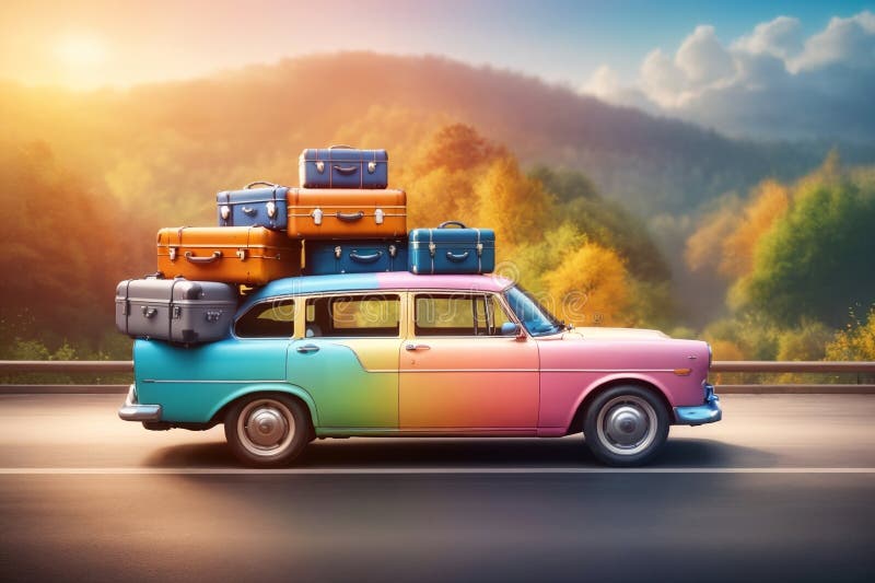 Bright Multi-colored Car with Suitcases on the Road Stock Image - Image ...