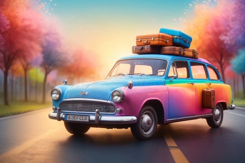 Bright Multi-colored Car with Suitcases on the Road Stock Image - Image ...
