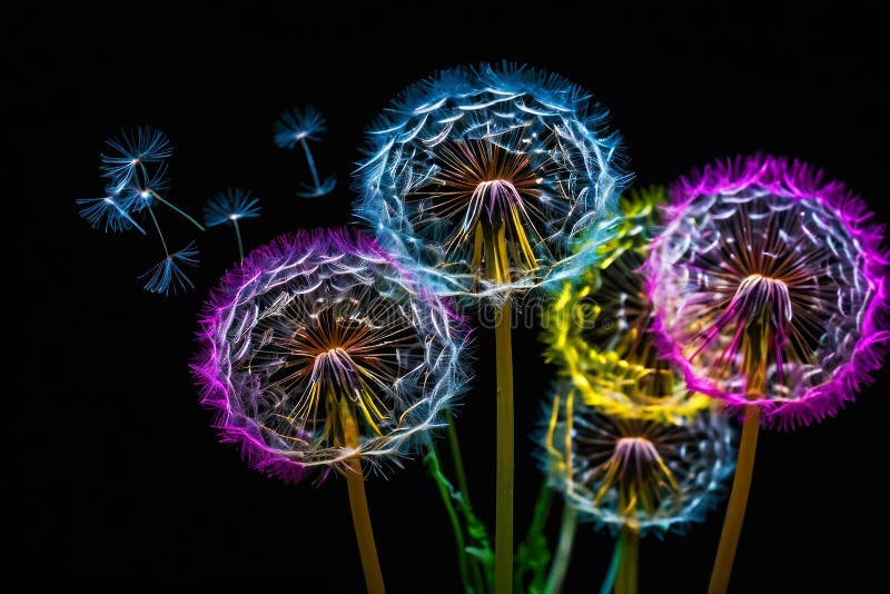 Bright Multi-colored Dandelions on a Black Background, Neon Glitter ...
