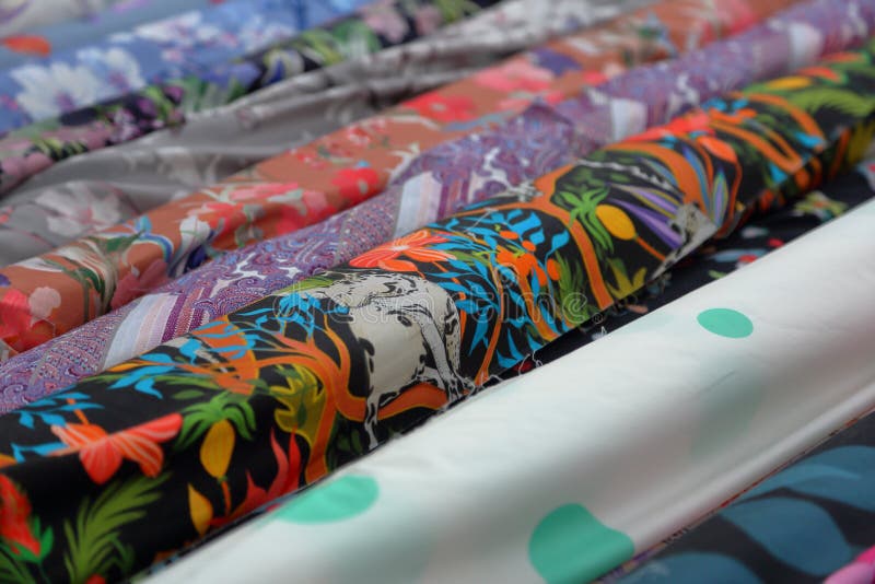 Multicolored Fabrics in Rolls Stock Photo - Image of bright, market ...
