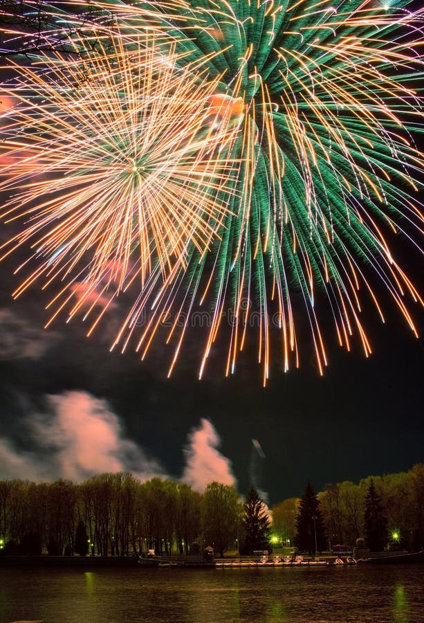 Bright Multi-colored Fireworks Lights Stock Image - Image of river ...