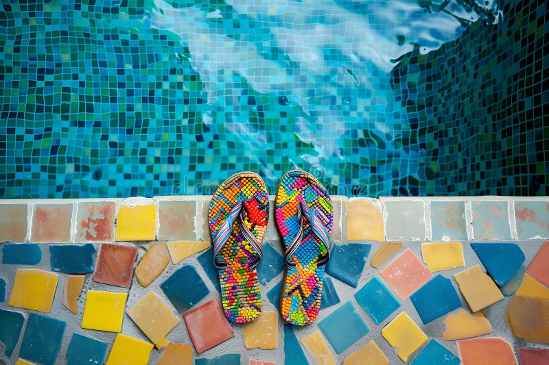 Bright Multi-colored Flip-flops Standing on the Colored Tiles at the ...