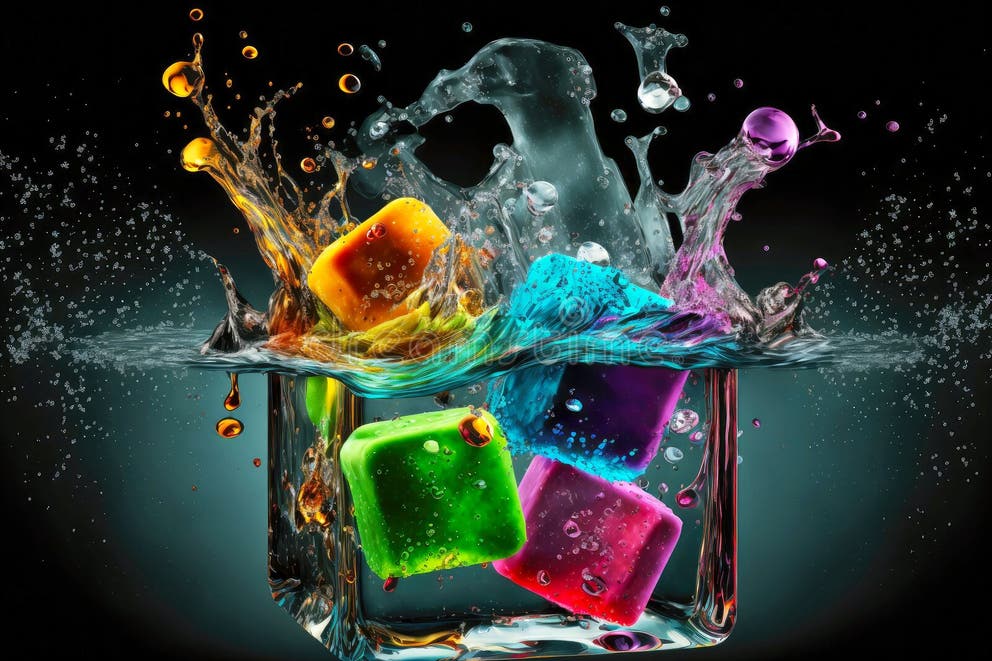 Bright Multi-colored Ice Cubes Fall into Water and Splashes Scatter ...