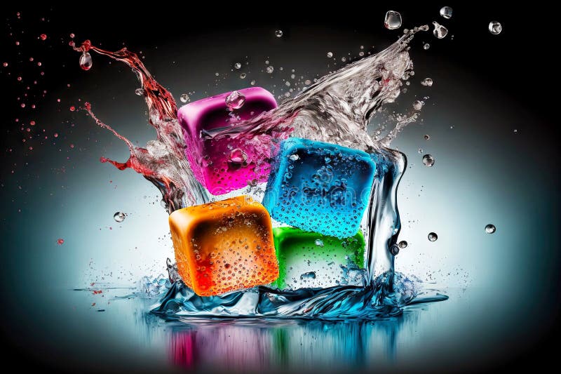 Bright Multi-colored Ice Cubes Fall into Water and Splashes Scatter ...