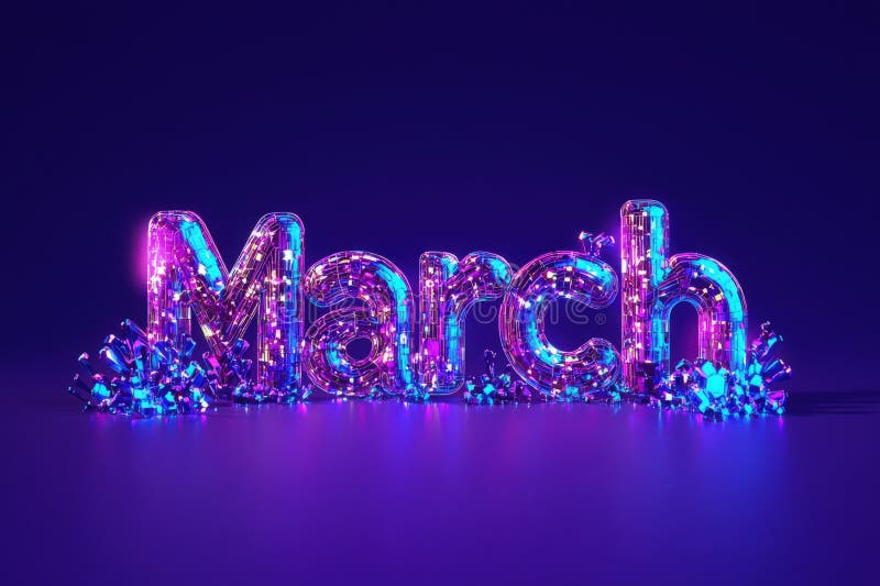 Colorful March Lettering with Bright Lights and Reflections in a Dark ...