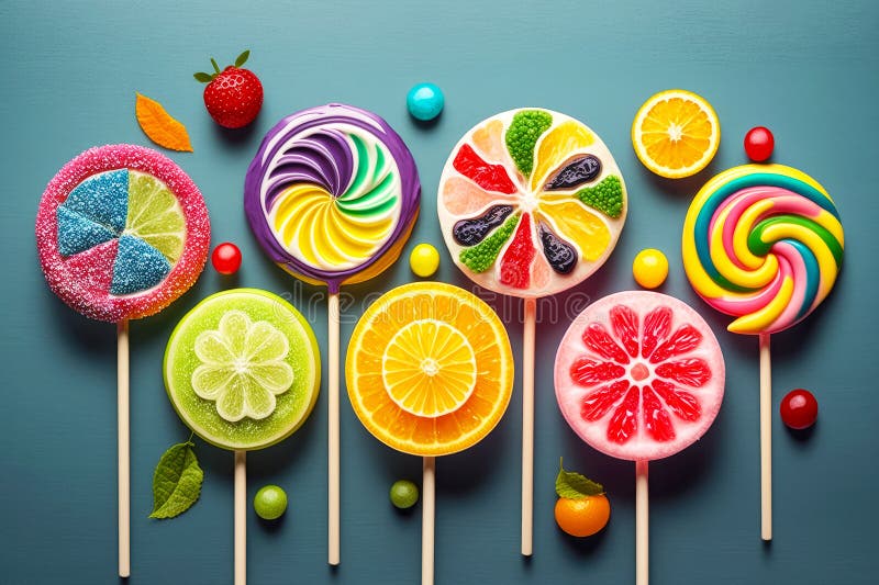 Bright Multi-colored Lollipops Decorated with Different Fruit Shapes ...