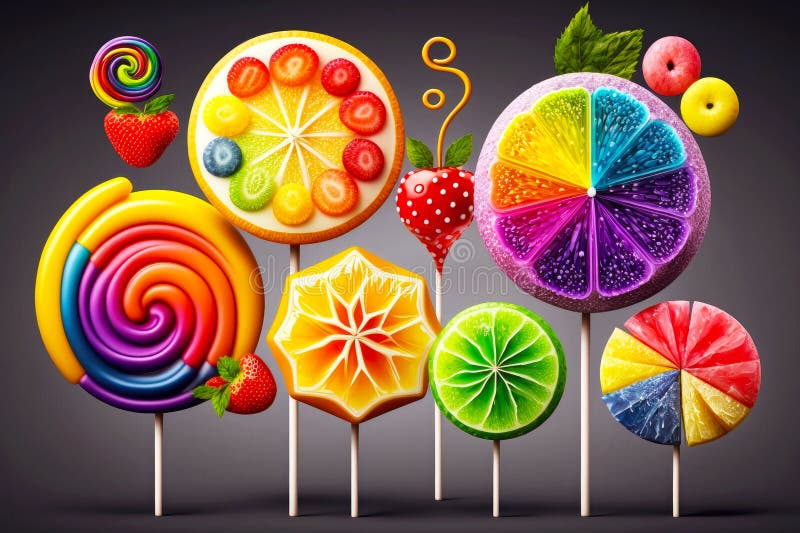 Bright Multi-colored Lollipops Decorated with Different Fruit Shapes ...