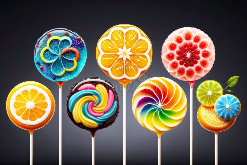 Bright Multi-colored Lollipops Decorated with Different Fruit Shapes ...