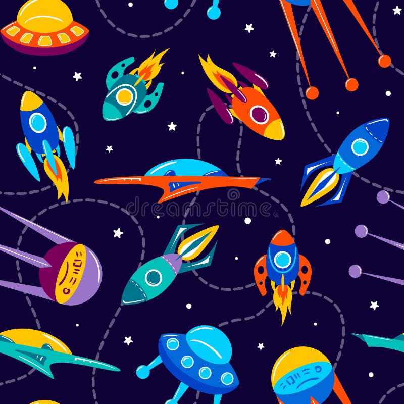 Bright Multi-colored Rockets in Space, Seamless Pattern. Galaxy, Dreams ...