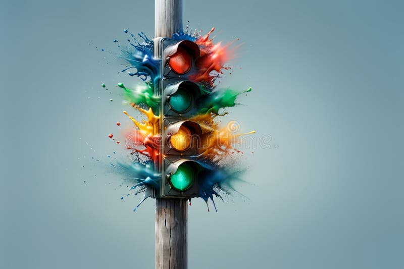 Bright Multi-colored Traffic Light on a Pole Stock Image - Image of ...