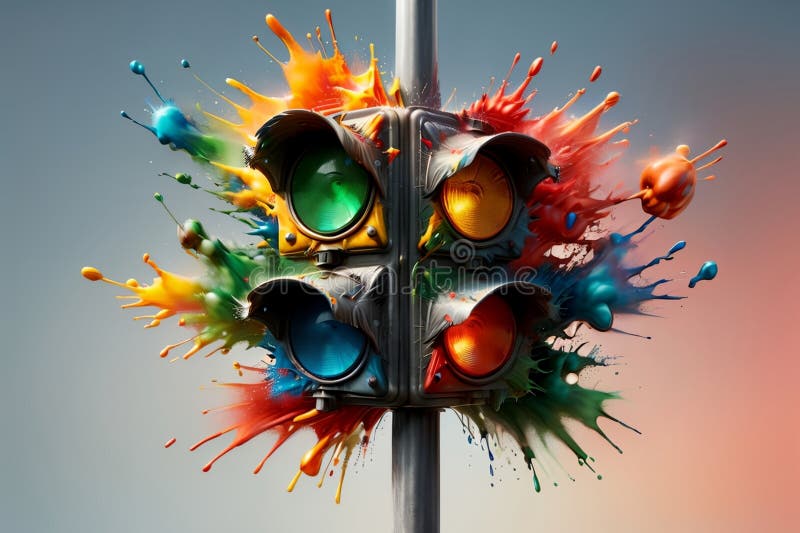 Bright Multi-colored Traffic Light on a Pole Stock Image - Image of ...
