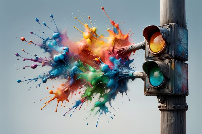 Bright Multi-colored Traffic Light on a Pole Stock Image - Image of ...