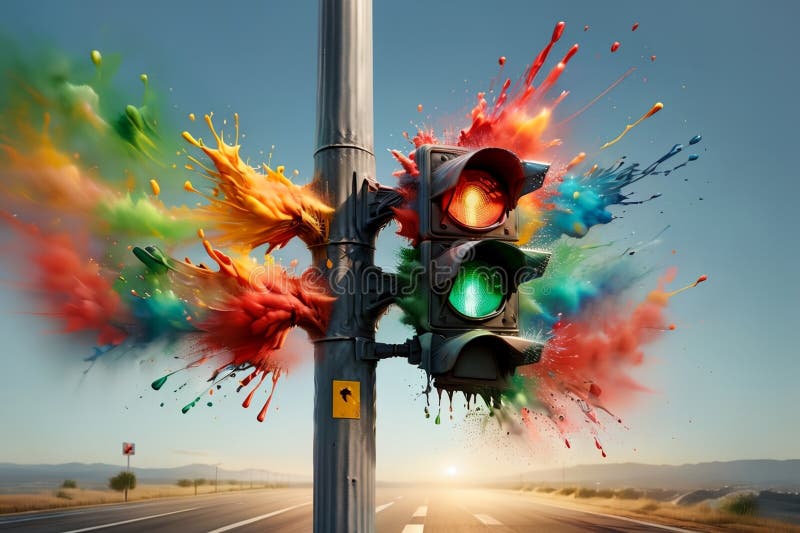 Bright Multi-colored Traffic Light on a Pole Stock Image - Image of ...