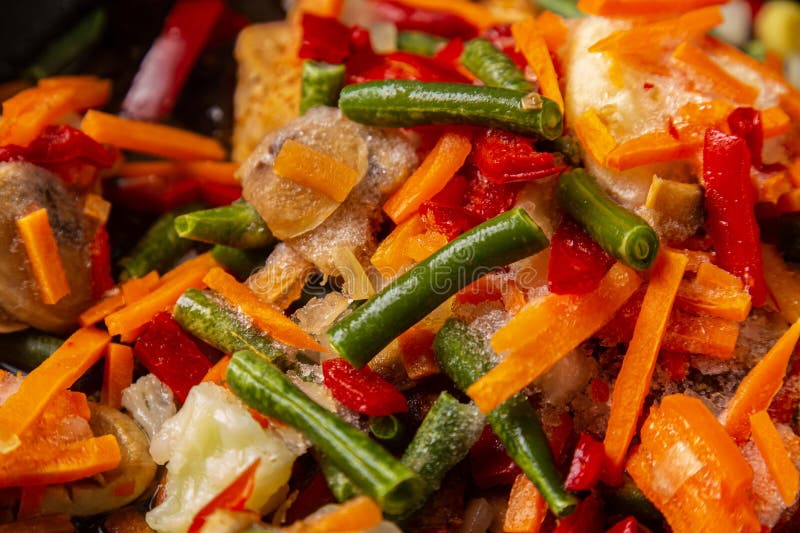 Bright Multi Colored Vegetables Stewing Frying Pan Close Up Stock ...