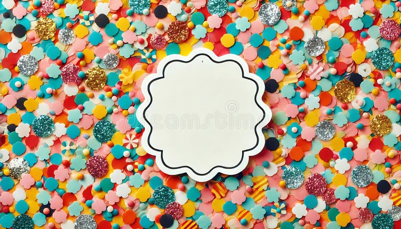 Bright, Multicolored Confetti Background with Scalloped Edge Sticker in ...