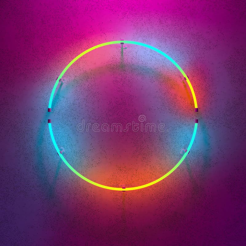 Bright Multicolored Glowing Neon Round Sign on Dark Wall Background. 3d ...